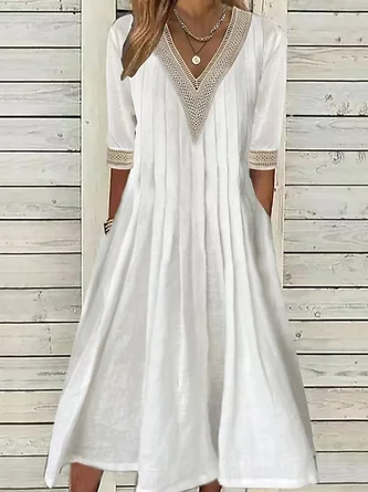 Robes Décontracté Plain Été Ample Dentelle Coton Et Lin Demi Manche ...